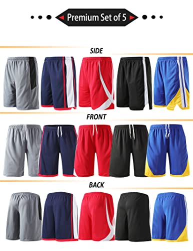 Pack of 5 Men's Athletic Basketball Shorts Mesh Quick Dry Activewear with Pockets (Set 3, Large)