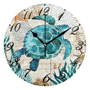 pfrewn world map beach turtle wall clock silent non ticking under underwater animal starfish clocks battery operated vintage desk clock 10 inch quartz analog quiet bedroom living room home decor