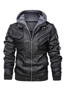 hood crew men’s casual stand collar pu faux leather zip-up motorcycle bomber jacket with a removable hood