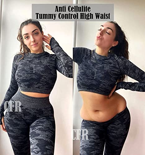 CFR Women High Waist Yoga Pants Butt Lifting Camo Workout Seamless Leggings #0 Black M