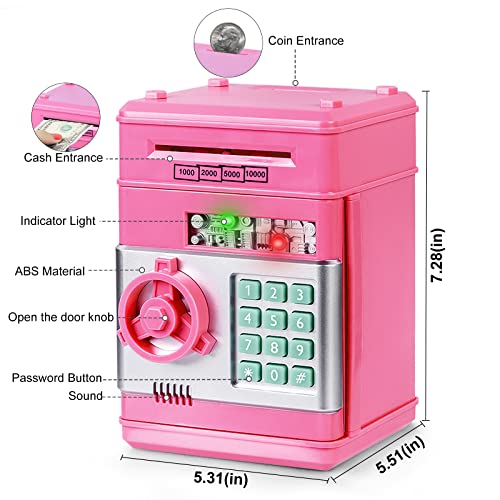 Refasy Piggy Bank for Girls Boys 4-11 Years Old, Christmas Birthday Gifts Toy for Kids Electronic ATM Money Bank for Adults Money Saving Box Safe Coin Bank Toy Pink