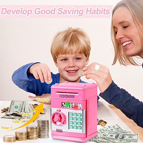 Refasy Piggy Bank for Girls Boys 4-11 Years Old, Christmas Birthday Gifts Toy for Kids Electronic ATM Money Bank for Adults Money Saving Box Safe Coin Bank Toy Pink