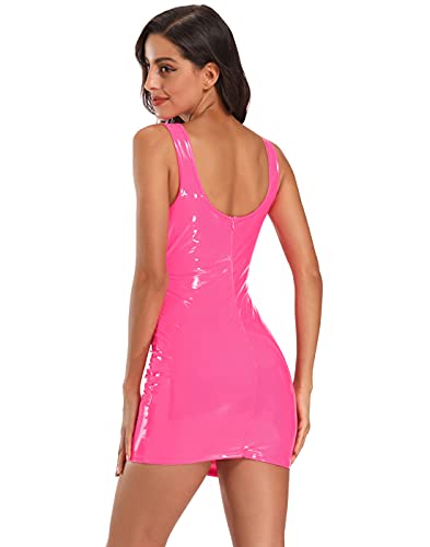 HDE Womens Latex Mini Dress Faux Leather Bodycon Sexy Club Dresses for Women (Small, Pink)