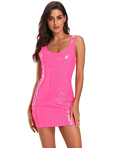 HDE Womens Latex Mini Dress Faux Leather Bodycon Sexy Club Dresses for Women (Small, Pink)