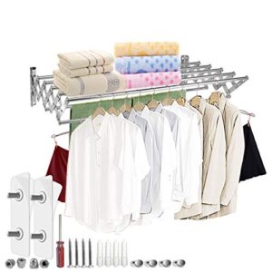 Accordion Wall Mounted Drying Rack Stainless Steel Clothes Retractable Folding Accordian Wall Hanger Hanging Towel Holder 61lb Capacity for Laundry Bathroom