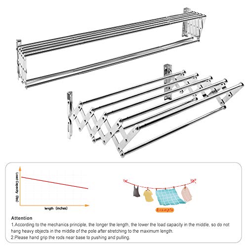 Accordion Wall Mounted Drying Rack Stainless Steel Clothes Retractable Folding Accordian Wall Hanger Hanging Towel Holder 61lb Capacity for Laundry Bathroom