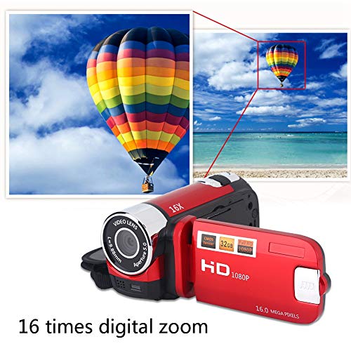 Handheld Video Camcorder FHD 16x Digital Zoom, Tragbar DV Digital Camera with COMS Sensor, Builtin Speaker, 270 ° Rotary Screen, Video Camera for Kids(Red)