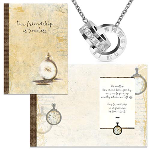 Smiling Wisdom - Timeless Friend Special Friendship Greeting Card with Time Intertwined Double Circle Necklace Gift Set - Best BFF Bestie Woman - Stainless Steel CZ (Silver)