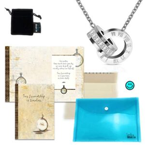 Smiling Wisdom - Timeless Friend Special Friendship Greeting Card with Time Intertwined Double Circle Necklace Gift Set - Best BFF Bestie Woman - Stainless Steel CZ (Silver)