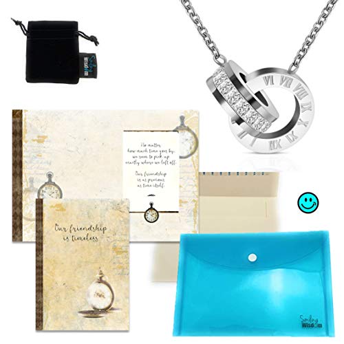 Smiling Wisdom - Timeless Friend Special Friendship Greeting Card with Time Intertwined Double Circle Necklace Gift Set - Best BFF Bestie Woman - Stainless Steel CZ (Silver)