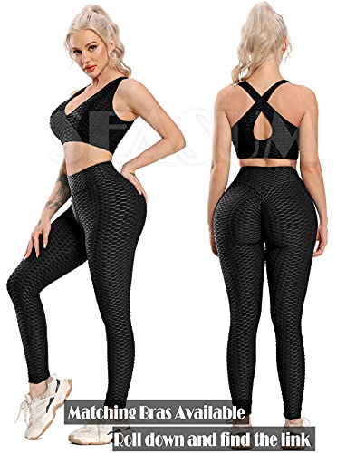 SEASUM Women High Waisted Yoga Pants Workout Butt Lifting Scrunch Booty Leggings Tummy Control Anti Cellulite Textured Tights S