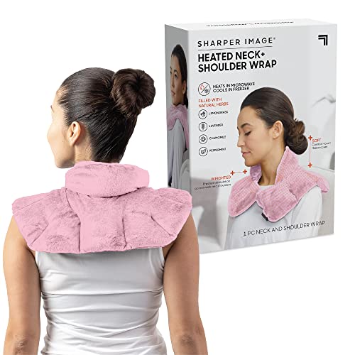 Heated Neck & Shoulder Wrap by Sharper Image - Microwavable Warm & Cooling Plush Pad with Aromatherapy (100% Natural Lavender & Herb Spa Blend) - Soothing Muscle Pain & Tension Relief Therapy - Pink