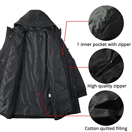 Pioneer Camp Men's Winter Coats Water-Repellent Windproof Thicken Parkas Long Hooded Padded Puffer Jacket (Black, L)