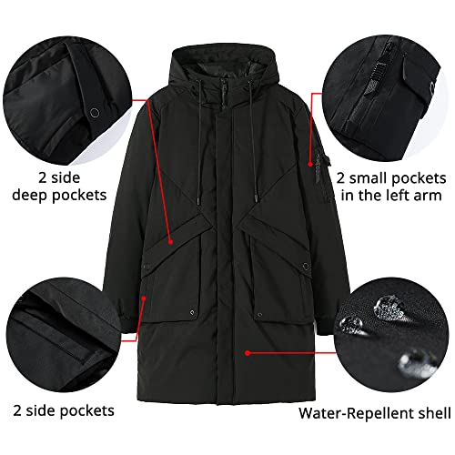 Pioneer Camp Men's Winter Coats Water-Repellent Windproof Thicken Parkas Long Hooded Padded Puffer Jacket (Black, L)