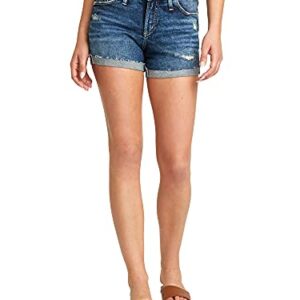 Silver Jeans Co. Women's Suki Mid Rise Short, Distressed Dark Indigo, 28