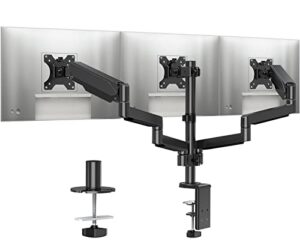 mountup triple monitor stand mount - 3 monitor desk mount for computer screens up to 27 inch, triple monitor arm with gas spring, heavy duty monitor stand, each arm holds up to 17.6 lbs, mu0006