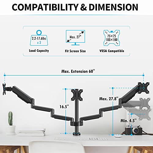 MOUNTUP Triple Monitor Stand Mount - 3 Monitor Desk Mount for Computer Screens Up to 27 inch, Triple Monitor Arm with Gas Spring, Heavy Duty Monitor Stand, Each Arm Holds Up to 17.6 lbs, MU0006