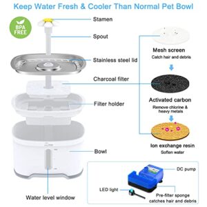 Cat Fountain Stainless Steel, 84oz/2.5L Automatic Pet Fountain with Water Level Window and LED Light for Water Shortage Alert