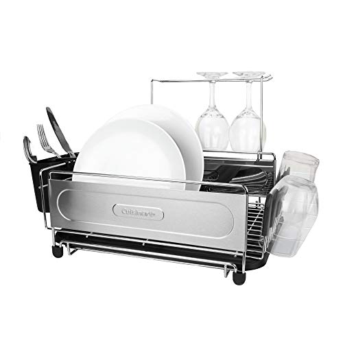 Cuisinart Stainless Steel Dish Drying Rack – Includes Wire Dish Drying Rack, Utensil Caddy, Draining Board, Stemware Holder, and Non-Slip Cup Holders, 14.4” x 12” x 6”- Stainless Steel/Black