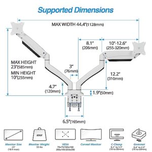 AVLT Dual 13"-43" Monitor Arm Desk Mount fits Two Flat/Curved Monitor Full Motion Height Swivel Tilt Rotation Adjustable Monitor Arm - White/VESA/C-Clamp/Grommet/Cable Management