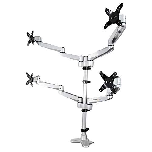 StarTech.com Desk Mount Quad Monitor Arm – Premium Articulating VESA 4 Monitor Mount 2x2 up to 30" – Ergonomic Height Adjustable Pole Mount - Tilt/Swivel/Rotate - C-Clamp/Grommet - Silver (ARMQUADPS)