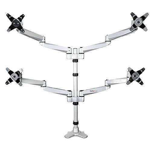 StarTech.com Desk Mount Quad Monitor Arm – Premium Articulating VESA 4 Monitor Mount 2x2 up to 30" – Ergonomic Height Adjustable Pole Mount - Tilt/Swivel/Rotate - C-Clamp/Grommet - Silver (ARMQUADPS)