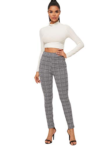 SweatyRocks Women's Casual Skinny Leggings Stretchy High Waisted Work Pants Black White Plaid Medium