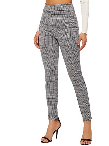 SweatyRocks Women's Casual Skinny Leggings Stretchy High Waisted Work Pants Black White Plaid Medium