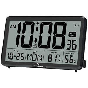 wallarge auto set digital wall clock battery operated, desk clocks with temperature, humidity and date, large display digital calendar alarm clock for elderly, bedroom, office, 8 time zone, auto dst.