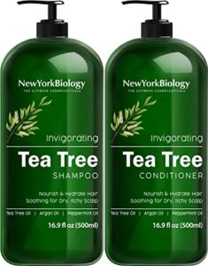 new york biology tea tree shampoo and conditioner set – deep cleanser – relief for dandruff and dry itchy scalp – therapeutic grade - helps promote hair growth – 16.9 fl oz