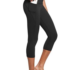 BALEAF Women's Capri Leggings Workout Yoga Running Capris High Waisted Pull On Cropped Leggings with Pockets Black M