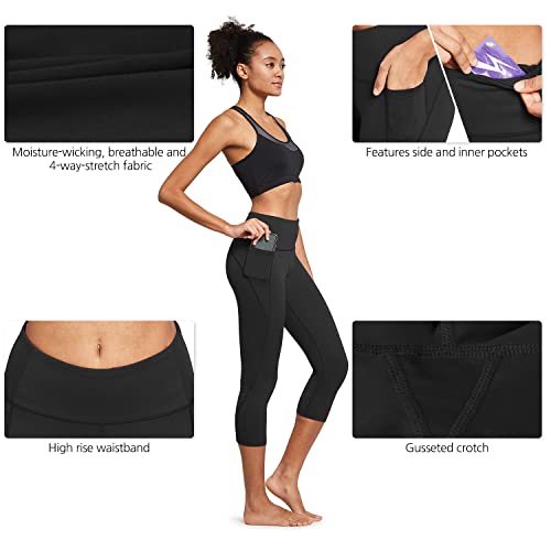 BALEAF Women's Capri Leggings Workout Yoga Running Capris High Waisted Pull On Cropped Leggings with Pockets Black M