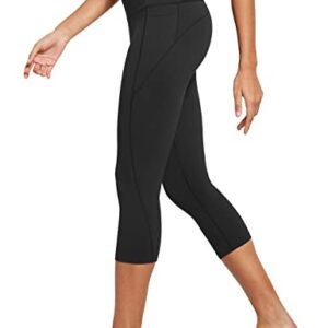 BALEAF Women's Capri Leggings Workout Yoga Running Capris High Waisted Pull On Cropped Leggings with Pockets Black M