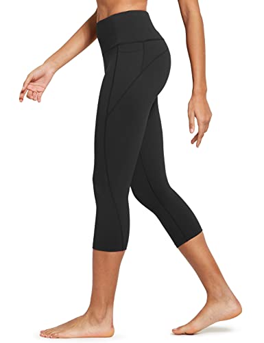 BALEAF Women's Capri Leggings Workout Yoga Running Capris High Waisted Pull On Cropped Leggings with Pockets Black M