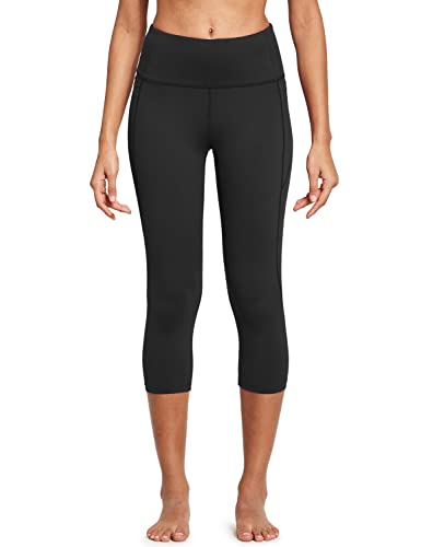 BALEAF Women's Capri Leggings Workout Yoga Running Capris High Waisted Pull On Cropped Leggings with Pockets Black M