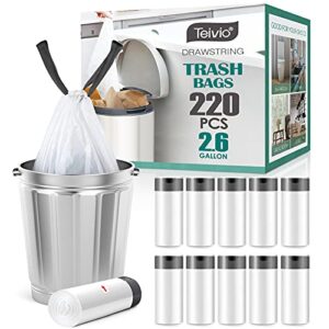 2.6 gallon 220 counts strong drawstring trash bags garbage bags by teivio, bathroom trash can bin liners, small plastic bags for home office kitchen,code r fit 10 liter, 2,2.5,3 gal