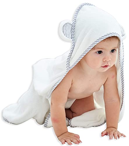 HIPHOP PANDA Bamboo Hooded Baby Towel - Soft Hooded Bath Towel with Ears for Babie, Toddler,Infant - Ultra Absorbent, Natural Baby Towel Perfect (White, 30 x 30 Inch)