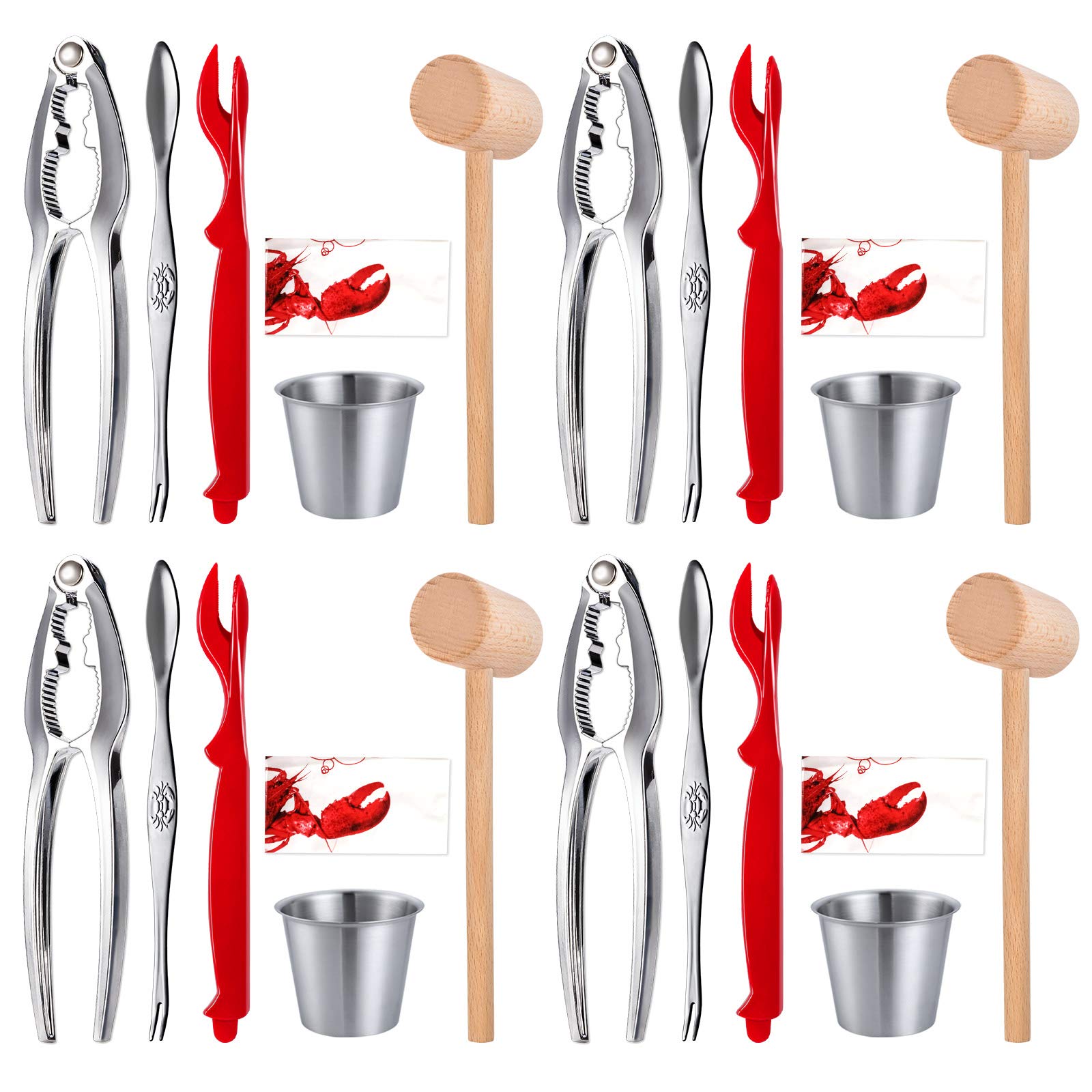 Crab Crackers and Tools - 4 Lobster Crackers, 4 Lobster Forks, 4 Seafood Forks, 4 Butter Cups, 4 Wooden Crab Mallets, 4 Lobster Bibs