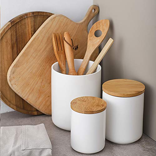 DOWAN White Kitchen Canister, Airtight Food Storage Ceramic Jar with Wooden Lid, 14 FL OZ (400 ML) Portable Canister for Tea, Sugar, Ground Coffee, Spices, 3.15 x 3.93 inches