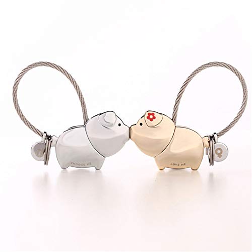 MILESI Custom Personalized Kiss Pig Couple Keychain with Magnetic Cute Couple Gift Valentine's Present(silver-lightgold)