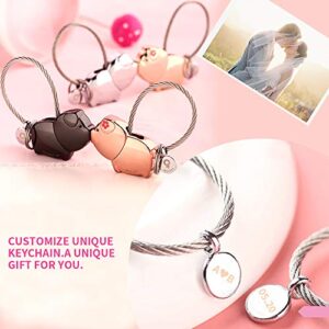 MILESI Custom Personalized Kiss Pig Couple Keychain with Magnetic Cute Couple Gift Valentine's Present(silver-lightgold)