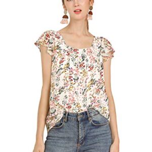 Allegra K Women's Chiffon Ruffle Sleeve Top Layered Vintage Ditsy Floral Blouse Large White