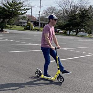 Bee Free 2 Wheel Kick Scooter for Adults and Teens, Adjustable Handlebars, Premium Durable Aluminum Construction, Foldable, Rear Foot Brake and Anti-Shock Suspension, Ages 12+, Up to 200 LBS, Yellow