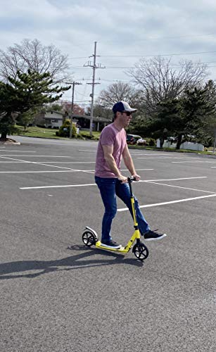 Bee Free 2 Wheel Kick Scooter for Adults and Teens, Adjustable Handlebars, Premium Durable Aluminum Construction, Foldable, Rear Foot Brake and Anti-Shock Suspension, Ages 12+, Up to 200 LBS, Yellow