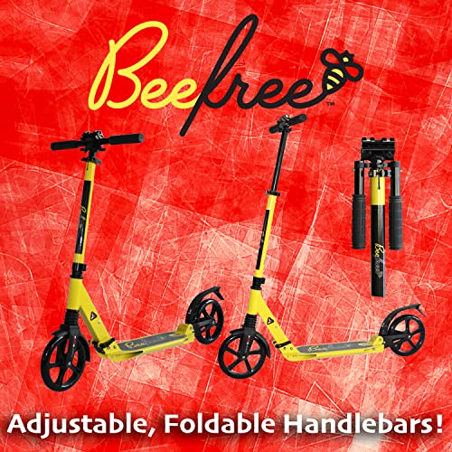 Bee Free 2 Wheel Kick Scooter for Adults and Teens, Adjustable Handlebars, Premium Durable Aluminum Construction, Foldable, Rear Foot Brake and Anti-Shock Suspension, Ages 12+, Up to 200 LBS, Yellow