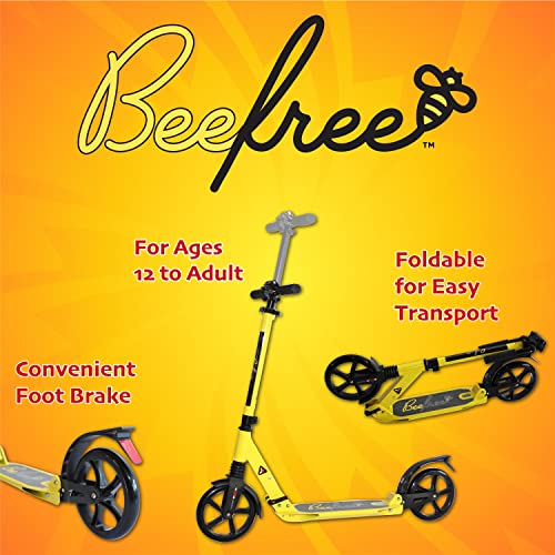 Bee Free 2 Wheel Kick Scooter for Adults and Teens, Adjustable Handlebars, Premium Durable Aluminum Construction, Foldable, Rear Foot Brake and Anti-Shock Suspension, Ages 12+, Up to 200 LBS, Yellow