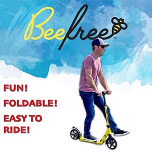 Bee Free 2 Wheel Kick Scooter for Adults and Teens, Adjustable Handlebars, Premium Durable Aluminum Construction, Foldable, Rear Foot Brake and Anti-Shock Suspension, Ages 12+, Up to 200 LBS, Yellow