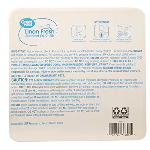 Great Value PlugIns Scented Oil Air Freshener Refill - Linen Fresh Scent - 5 Count Oil Refills Per Package (0.67 Ounce Each Refill)