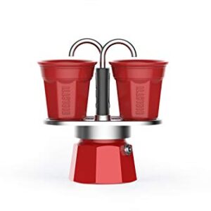 Bialetti - Mini Express Color: Moka Set includes Coffee Maker 2-Cup (2.8 Oz) + 2 shot glasses, Red, Aluminium