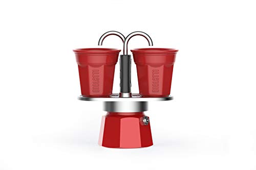 Bialetti - Mini Express Color: Moka Set includes Coffee Maker 2-Cup (2.8 Oz) + 2 shot glasses, Red, Aluminium